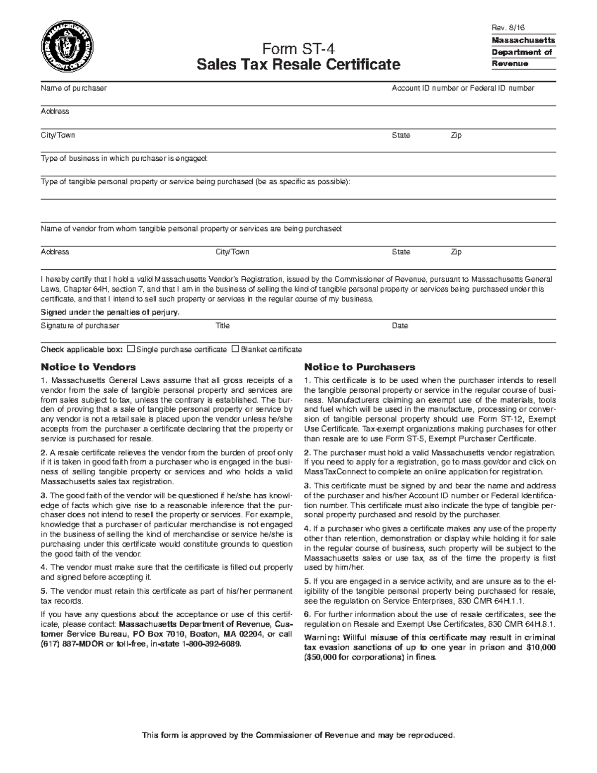 Resale Certificate, TAX Exemption - Form ST- Sales Tax Resale ...