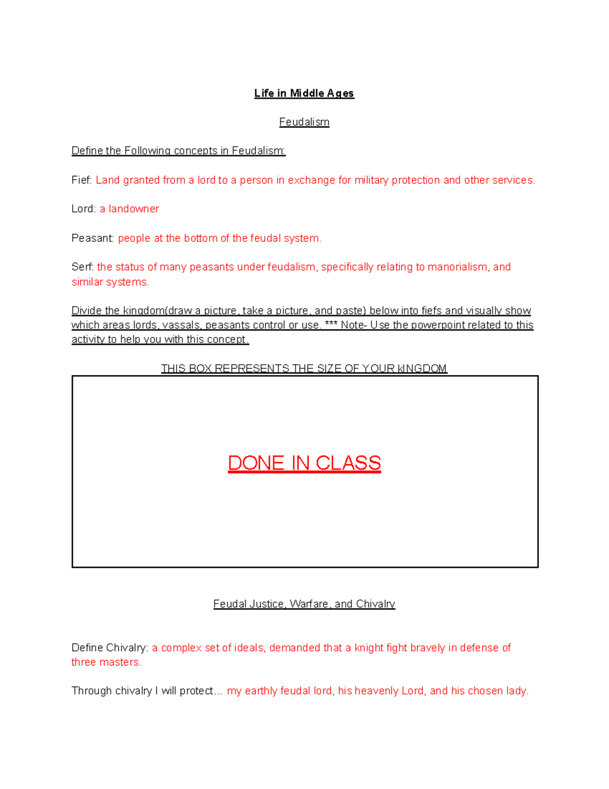 1.6 Life in the Middle Ages Activity - Life in Middle Ages Feudalism ...