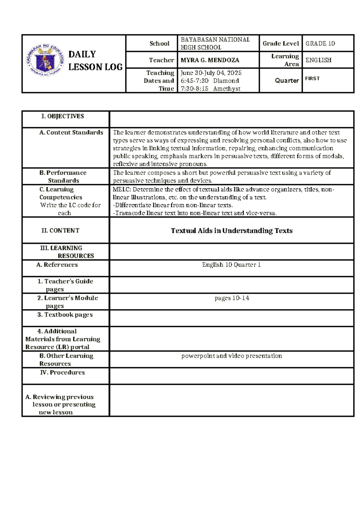 LE G7 English Q1 W1 - Poetry Lesson Exemplars and Activities - Studocu