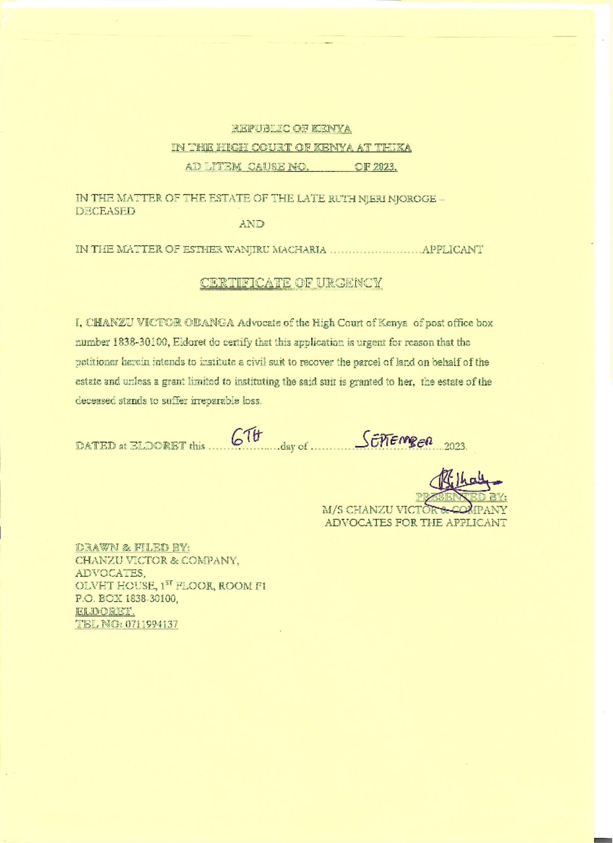 Certificate of Urgency AD Litem Esther Wanjiru Macharia - REPUBLIC OF ...