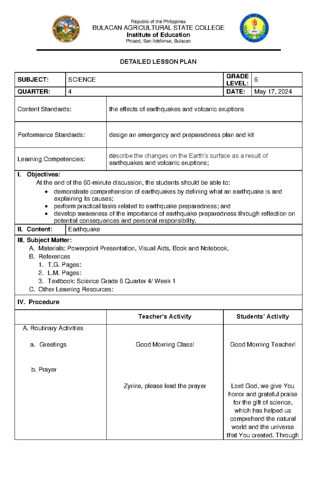 Detailed Lesson Plan: Grade 6 Science on Earthquakes (Q4) - Studocu