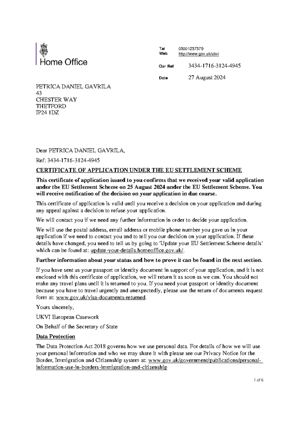 Certificate of Application - EU Settlement Scheme (COA) - 27 Aug 2024 ...