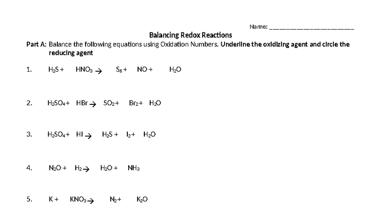 Balancing Redox Reactions WS: Oxidation Numbers & Half Reactions - Studocu