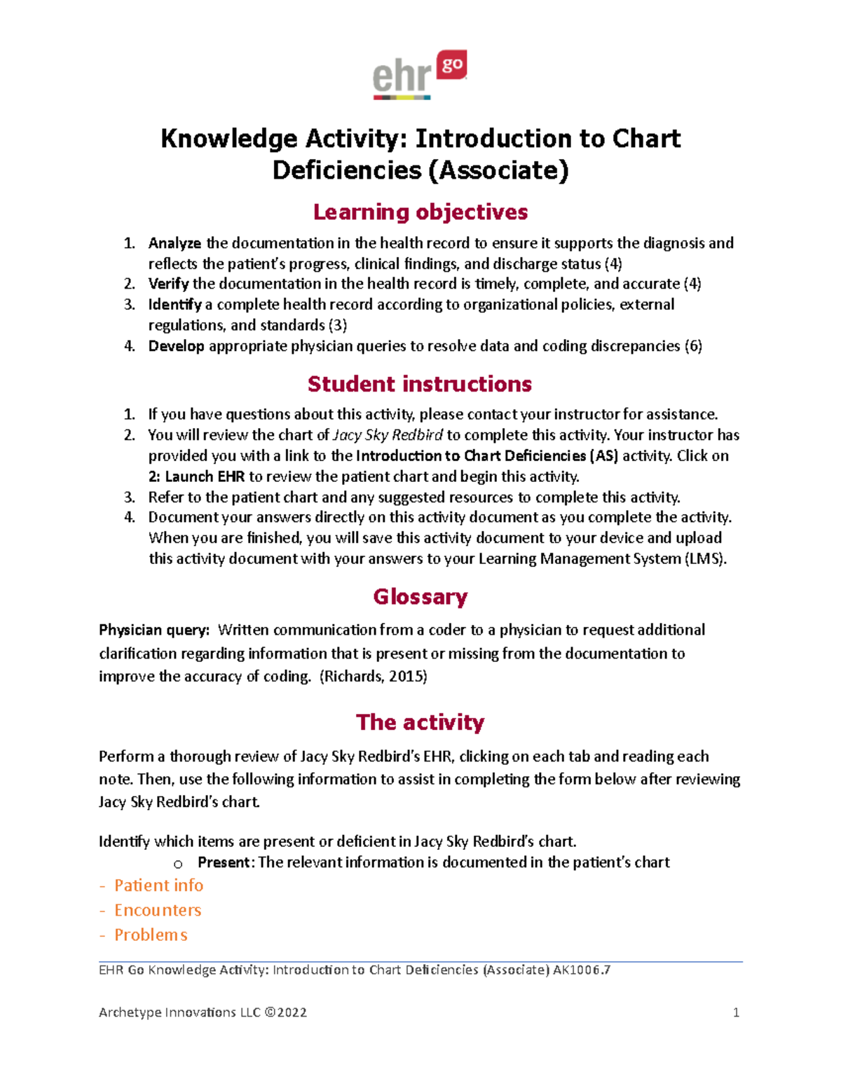 Knowledge Activity: Chart Deficiencies Review for AK1006 (Associate ...