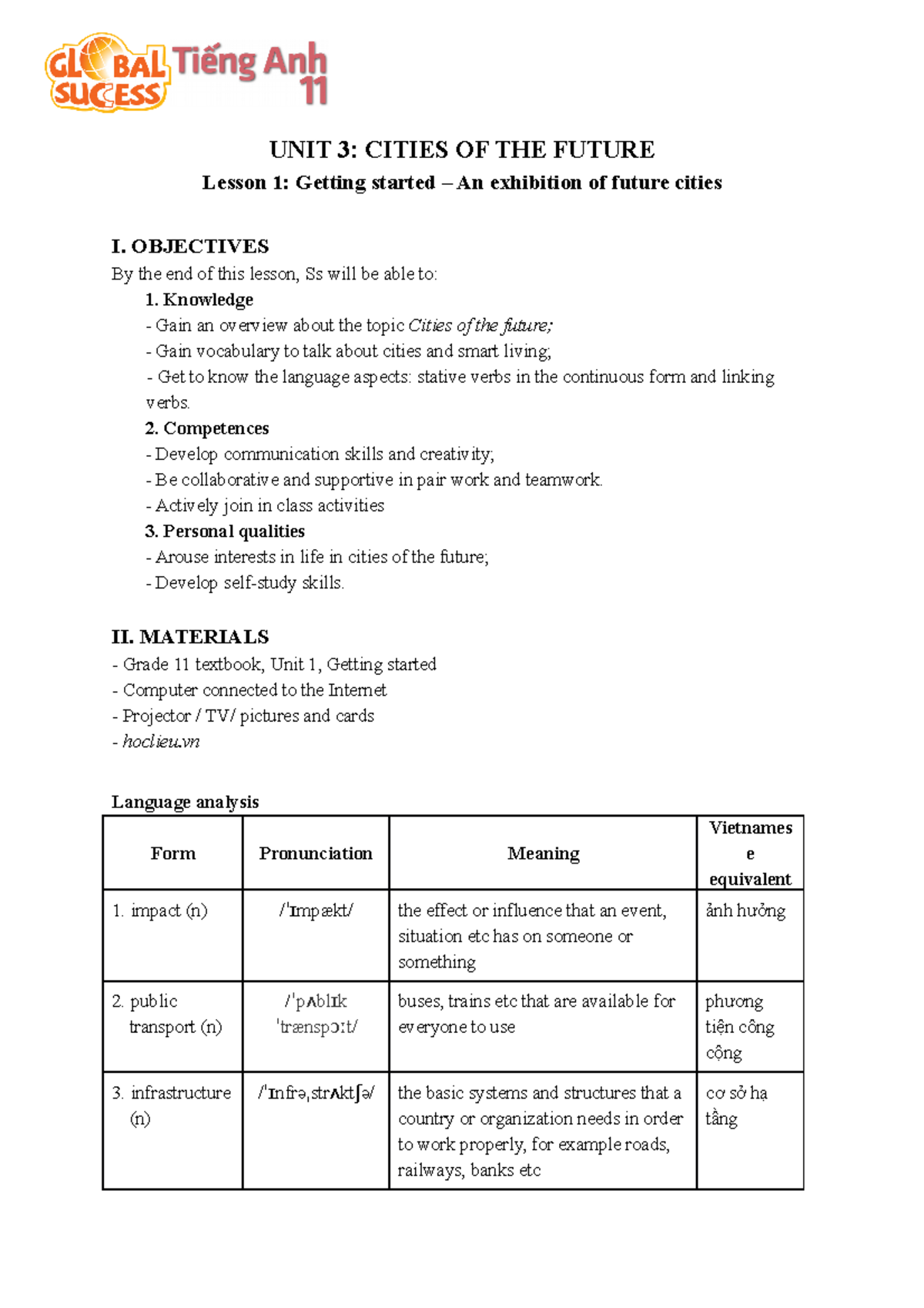 Global Success 11 - Unit 3: Cities of the Future - Lesson Plans - Studocu