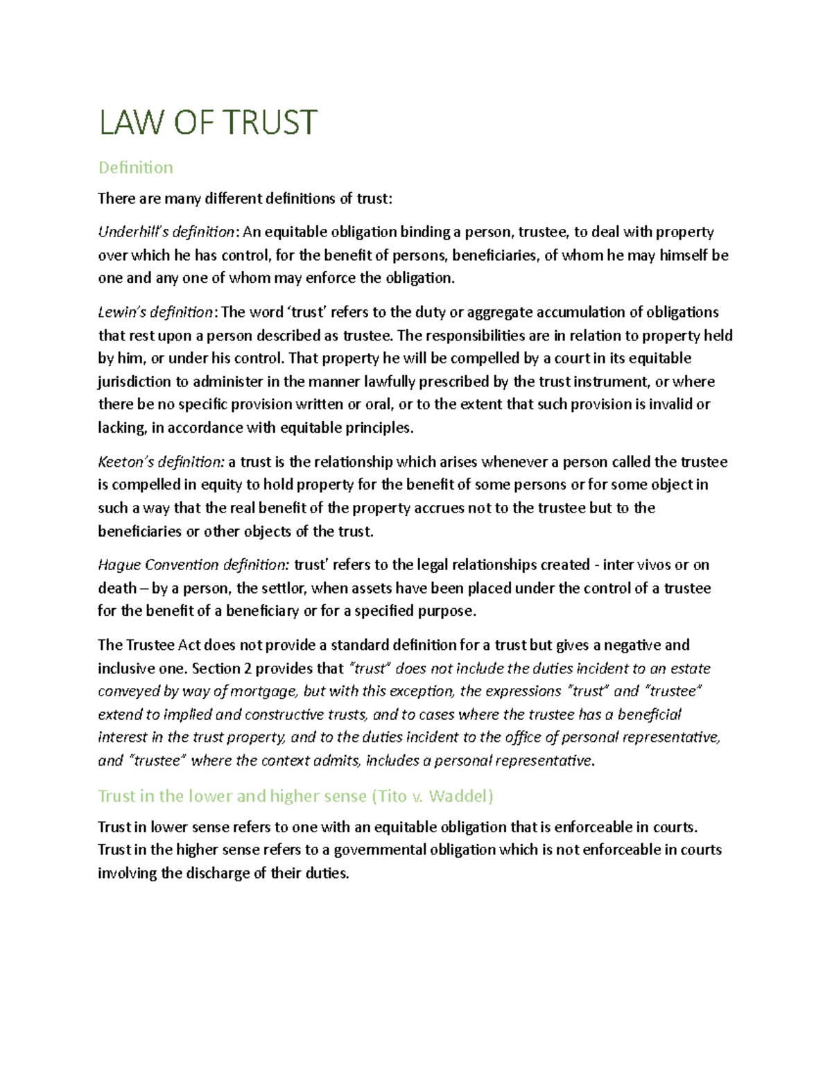 LAW OF TRUST - Comprehensive Study Notes - Studocu