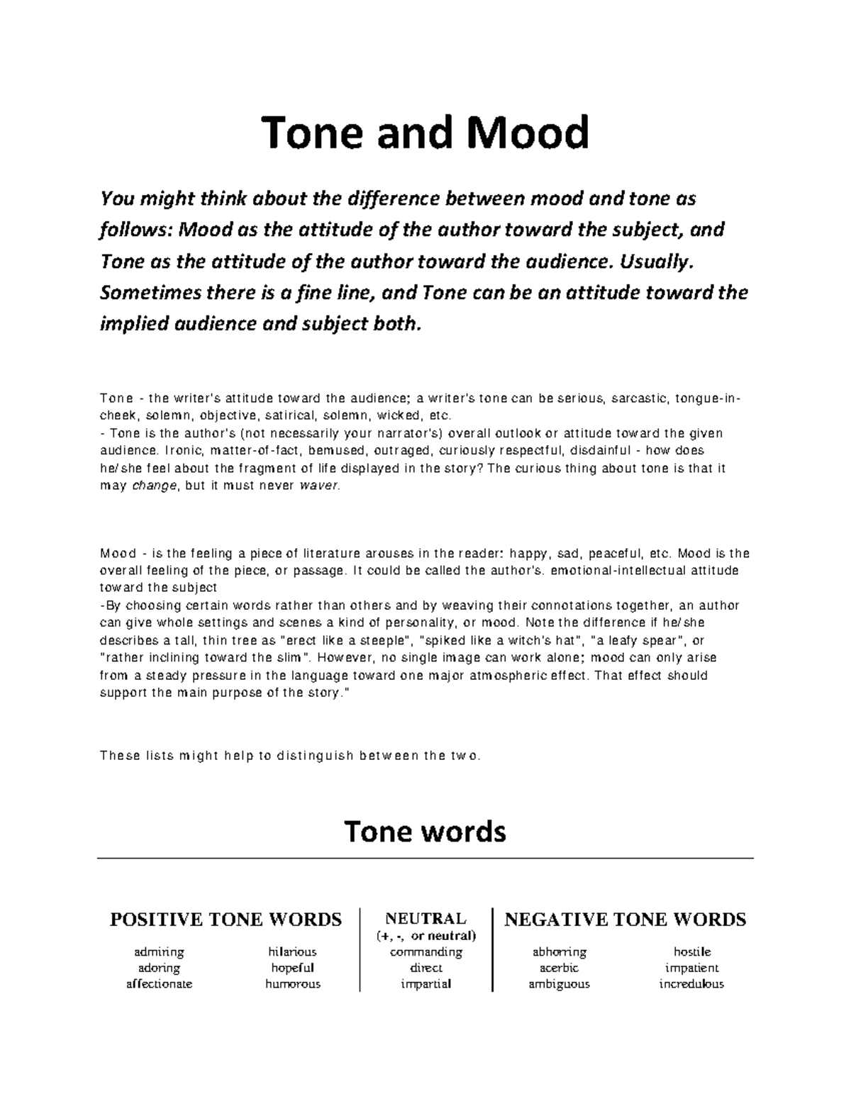 Tone and Mood Words List for Literary Analysis: Essential Guide - Studocu