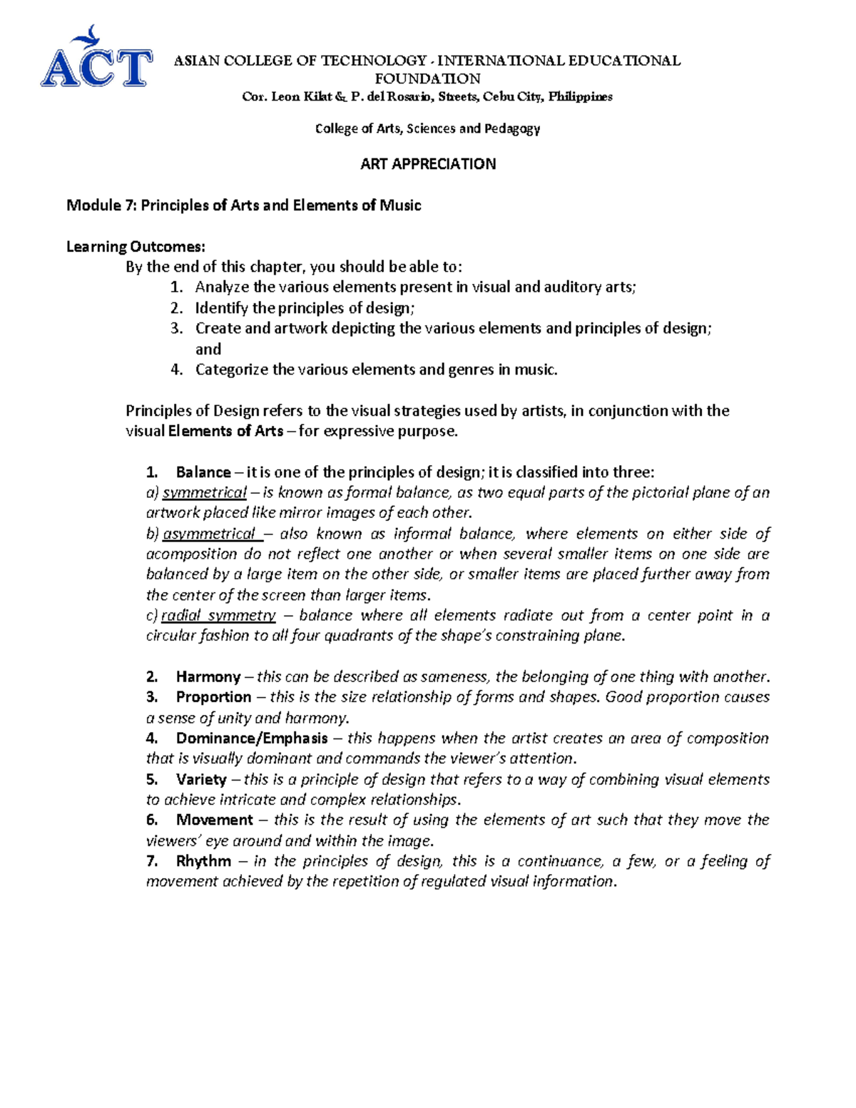 ARTAPP - Module 7: Principles of Arts & Elements of Music Analysis - Studocu