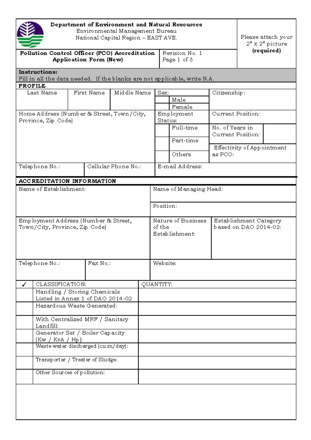 PCO Accreditation Application Form - DENR-EMB NCR Revision 1 - Studocu