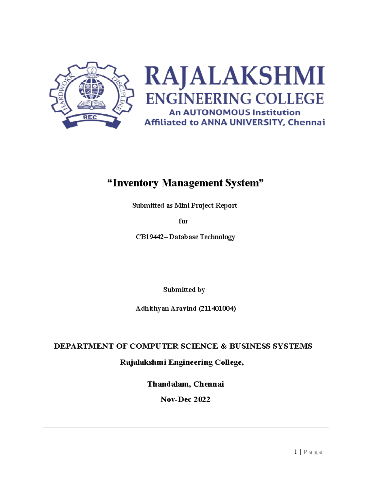 CB19442 - Mini Project Report on Inventory Management System - Studocu