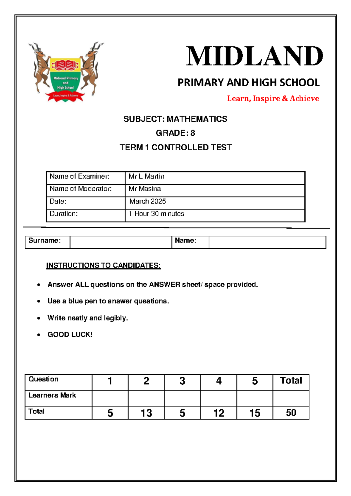 MATHEMATICS GRADE 8 TERM 1 CONTROLLED TEST 2025 - Studocu