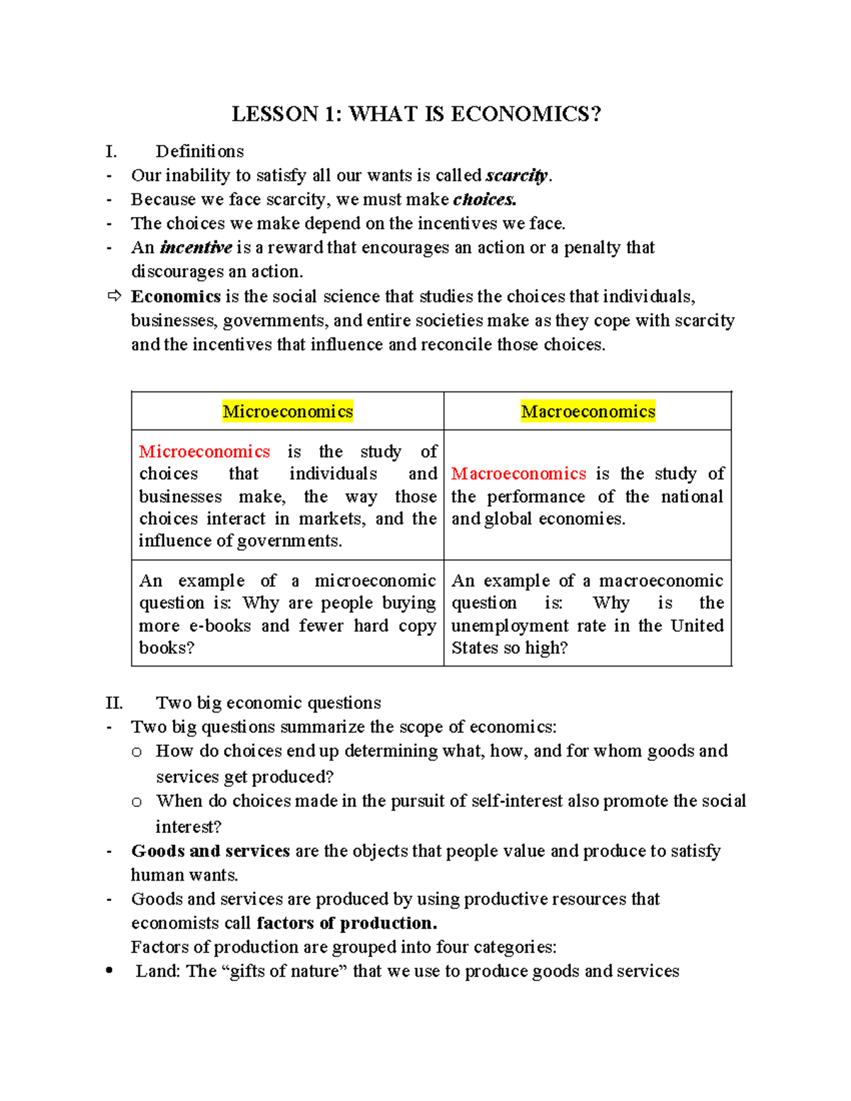 Lesson 1: What is economics? Understanding scarcity and choices - Studocu