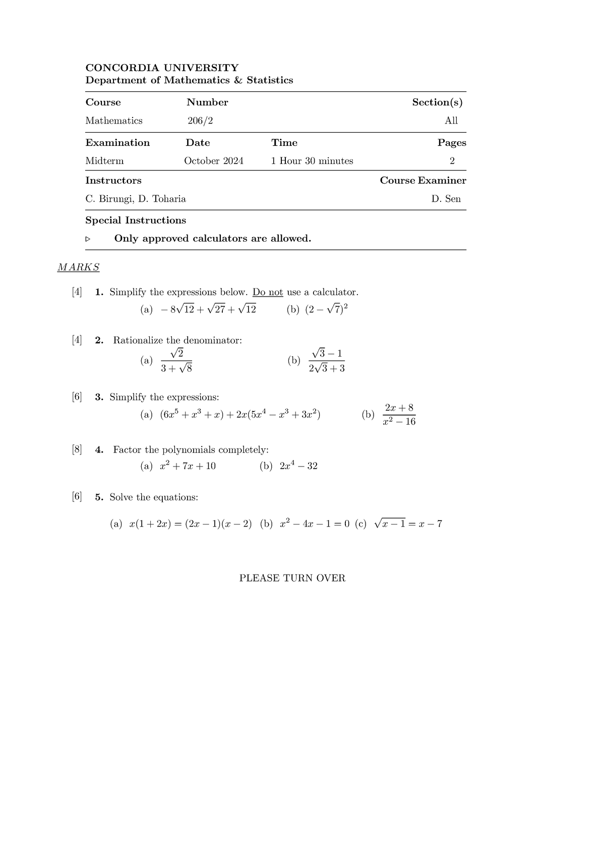 Mathematics Midterm Exam - MATH 2024 - October 2024 - Studocu