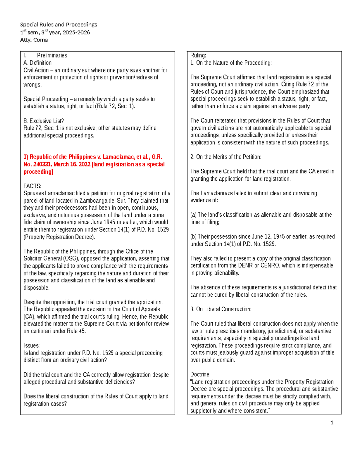 Special Rules and Proceedings Case Digests - 1st Sem, 3rd Year, Atty. Coma - Studocu