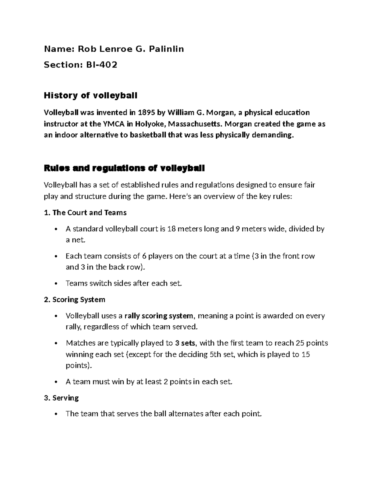 PE Volleyball - PE activity - Name: Rob Lenroe G. Palinlin Section: BI ...