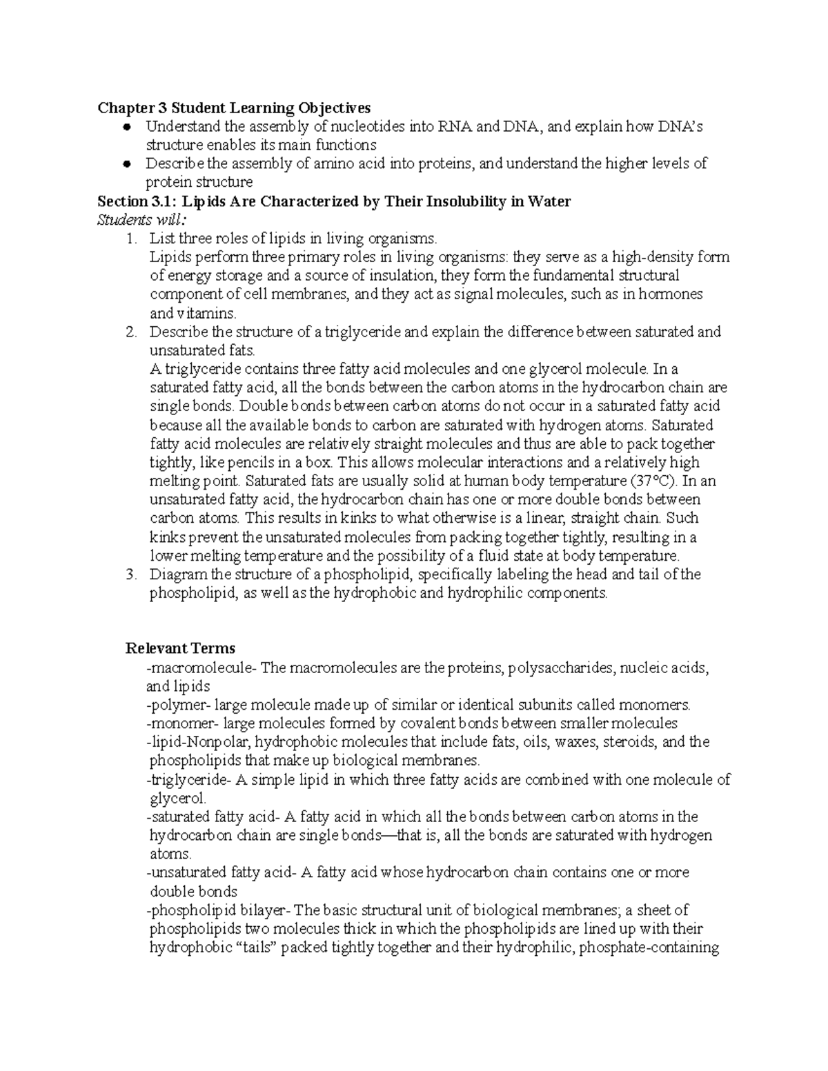 BIOL 1307: Chapter 3 - Macromolecules, Structures & Functions Overview - Studocu