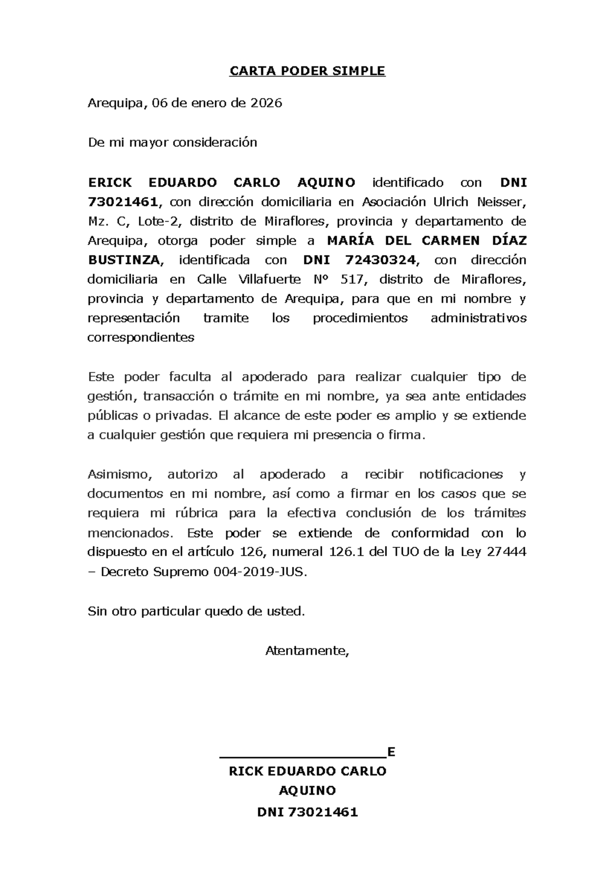 Carta Poder Simple E.E.C.A - Arequipa, 06 de enero de 2026 - Studocu