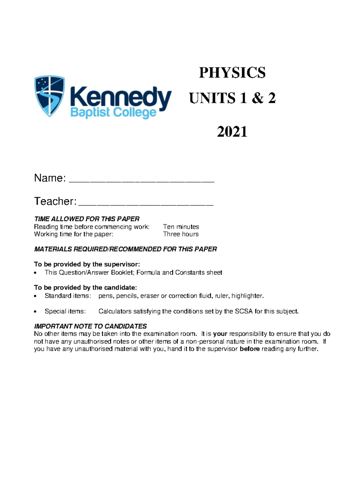 2021 Physics Units 1 & 2 Exam Paper - Evaluation & Instructions - Studocu