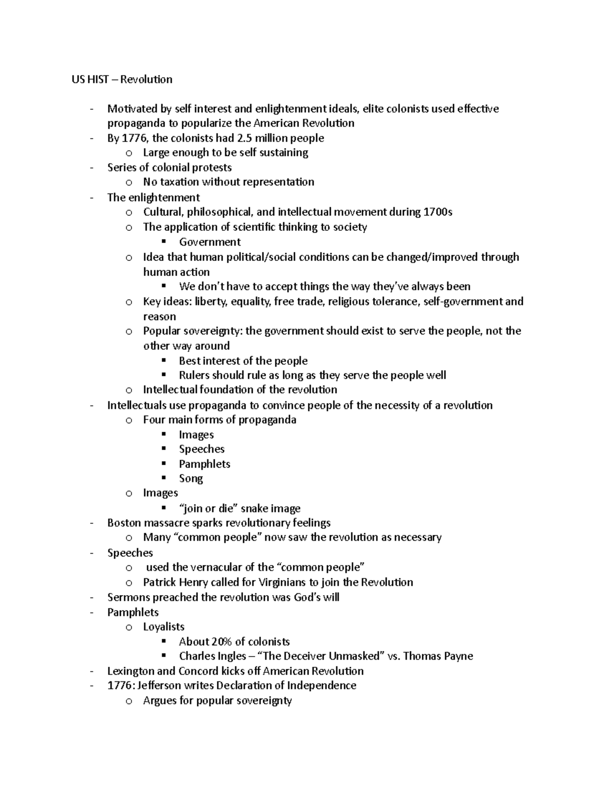 US HIST - revolution - US HIST – Revolution Motivated by self interest ...