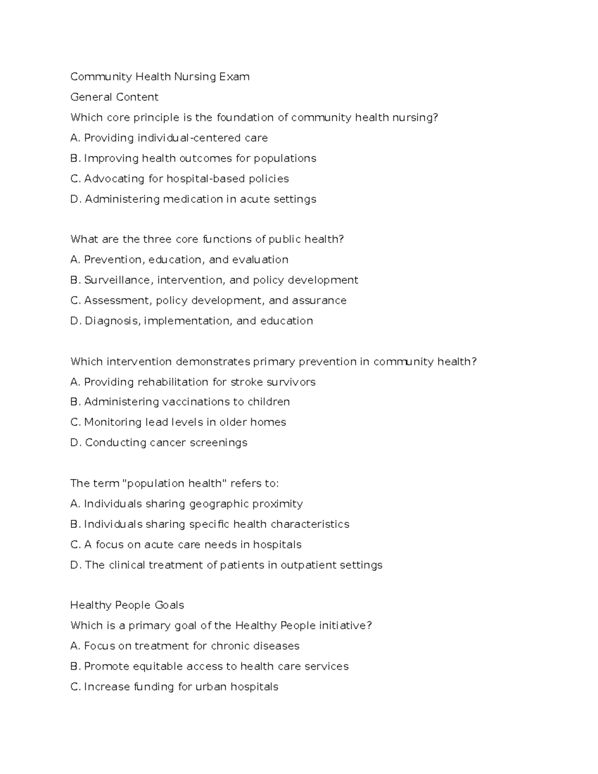 Community Health Nursing Exam (wk 1,3,4) - Community Health Nursing ...