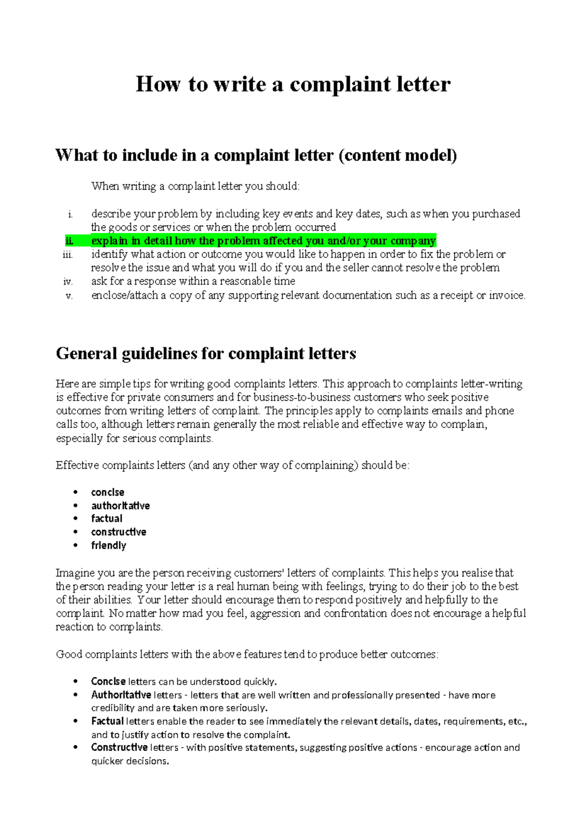 Effective Complaint Letter Writing Guidelines - Studocu