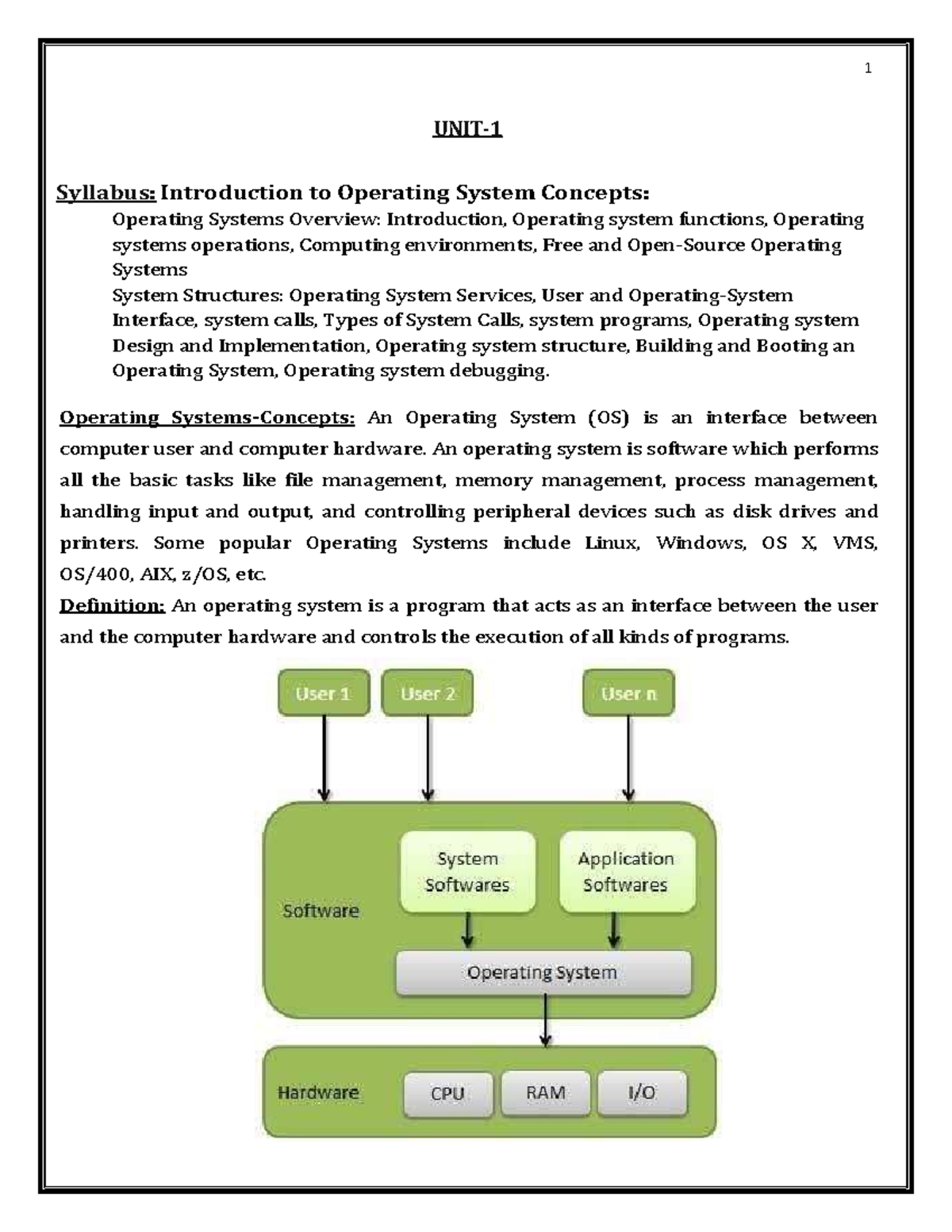 R23 OS UNIT1: Introduction to Operating System Concepts and Functions ...