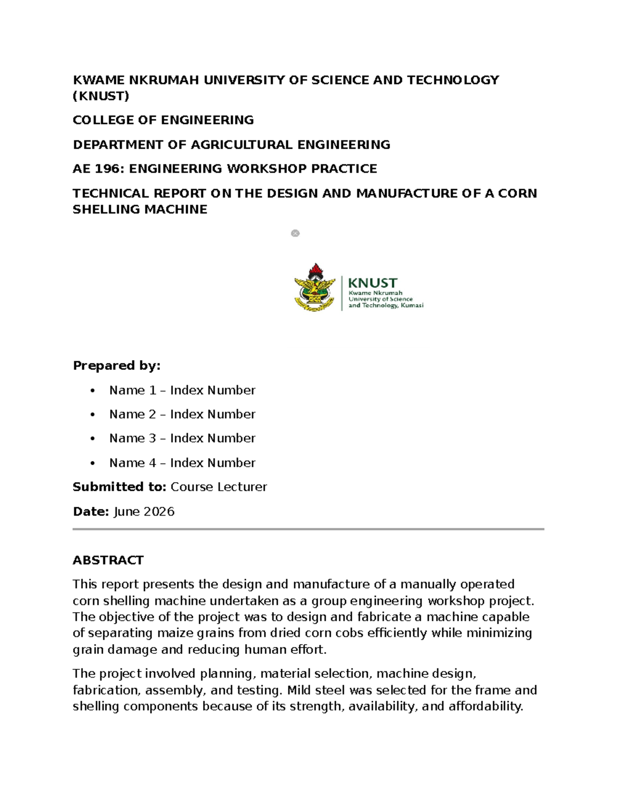 AE 196: Technical Report on Corn Shelling Machine Design - Studocu