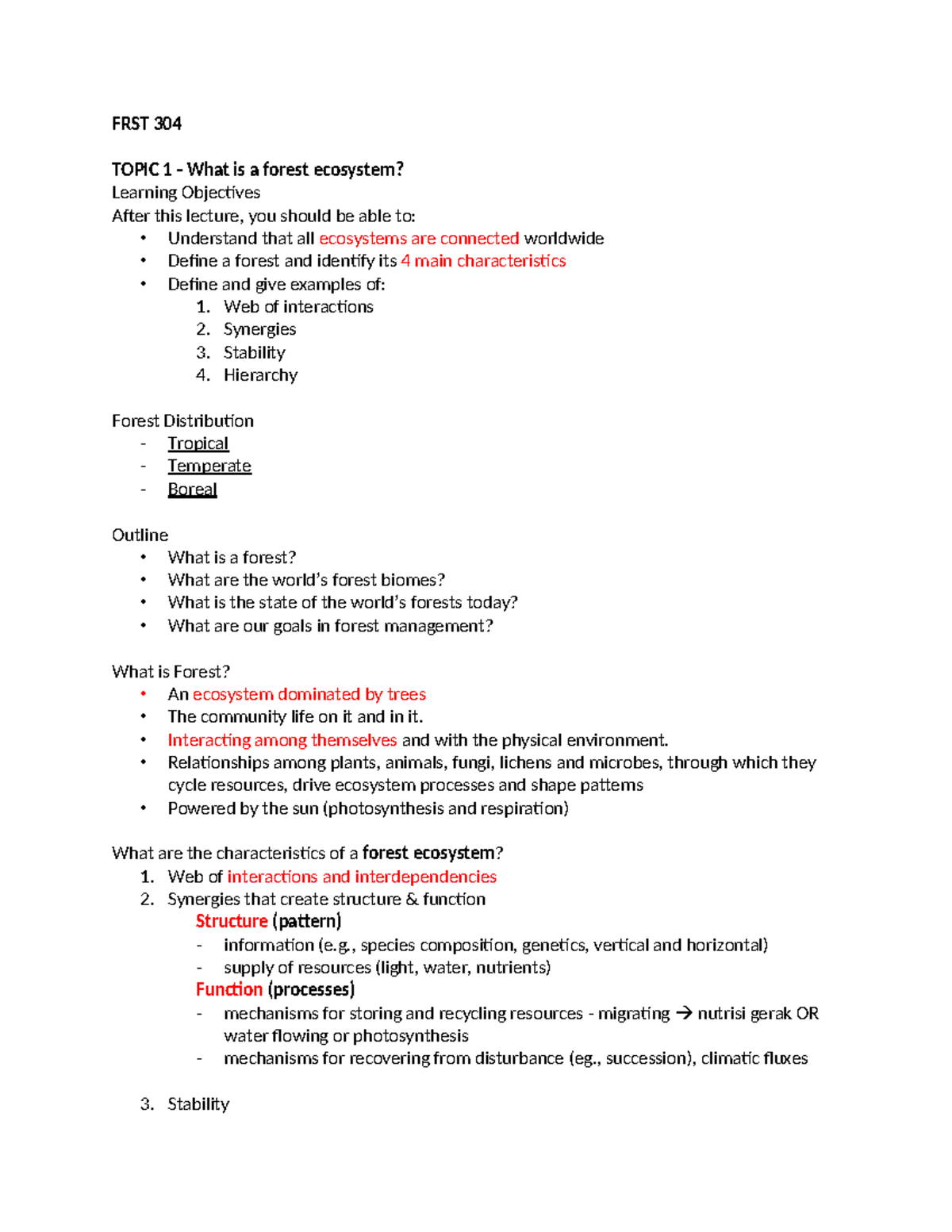 FRST 304 Topic 1 - Summary of Forest Ecosystem Principles - Studocu