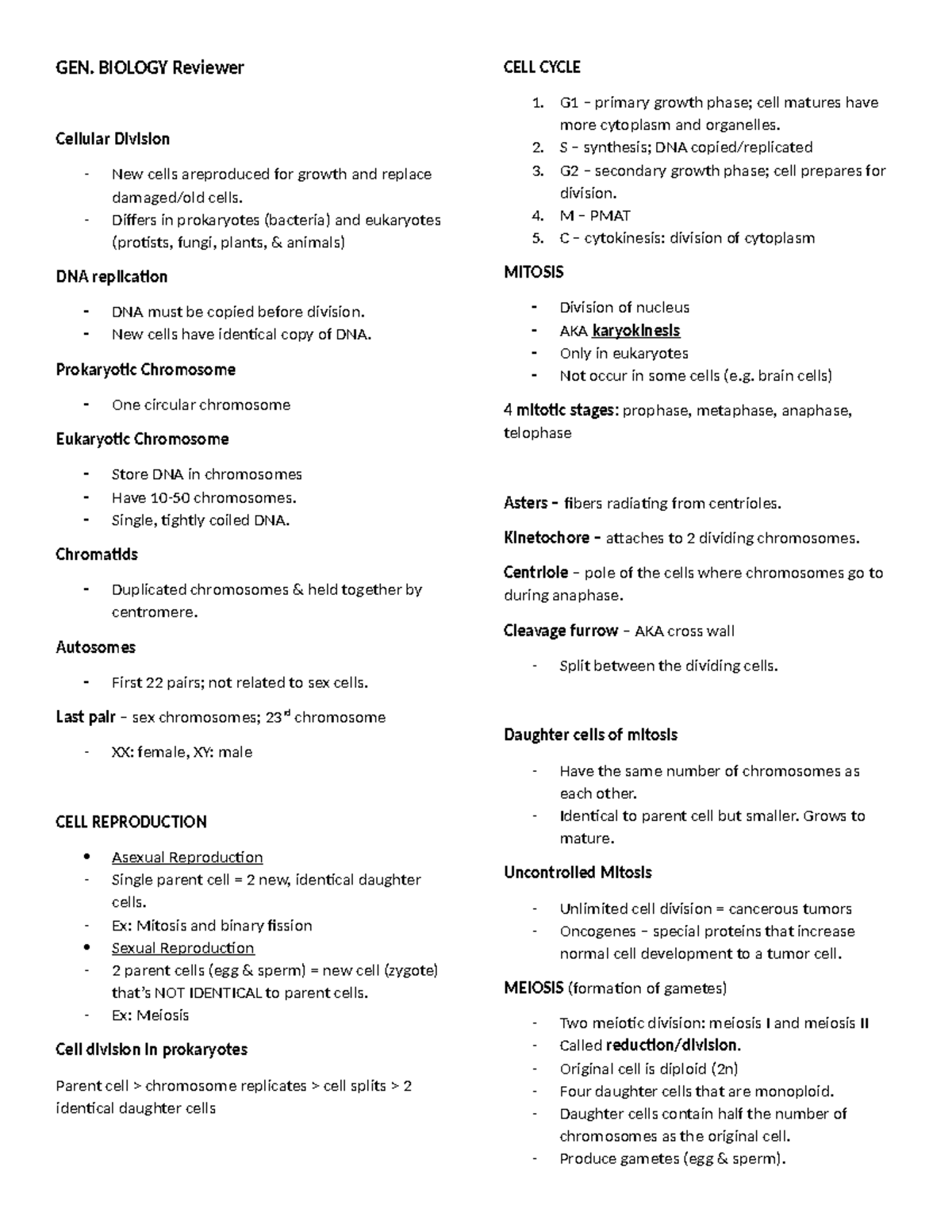 GEN. BIOLOGY Reviewer: Cellular Division and Reproduction Concepts ...