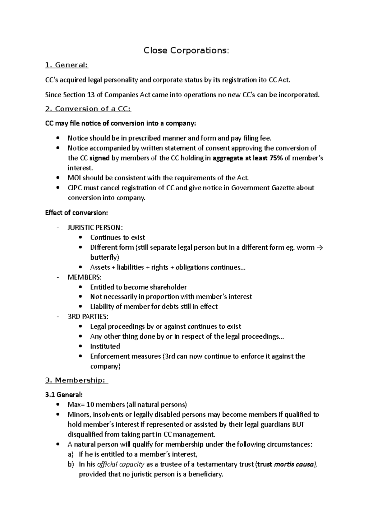 CC Act: Summary of Close Corporations and Membership Rules - Studocu