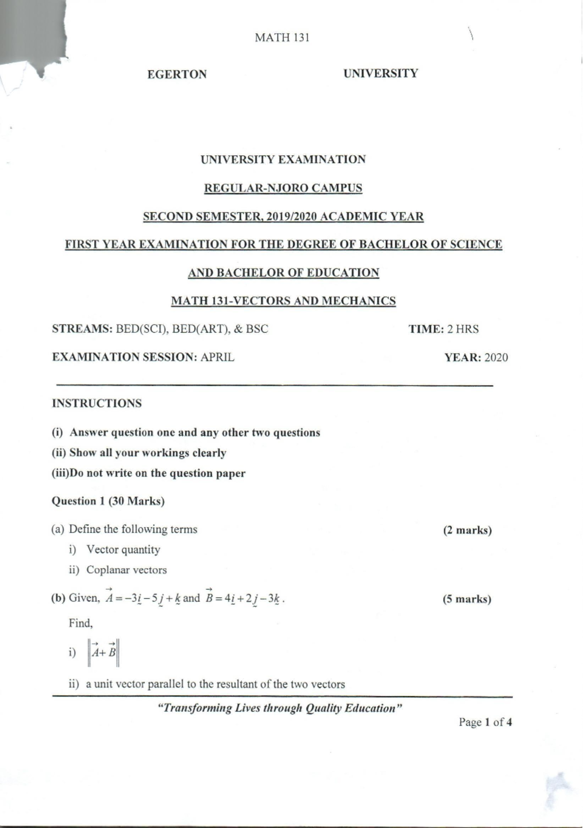 MATH 131 Final Exam April 2020 - Mechanics and Vectors - Studocu
