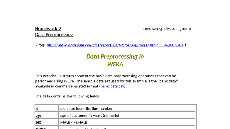 Homework 2: Data Preprocessing in WEKA for Data Mining CE, KMITL - Studocu