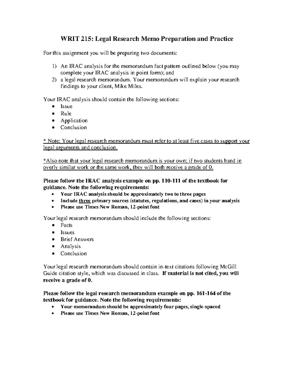 WRIT 215 Legal Research Memo: Preparing IRAC Analysis & Findings - Studocu