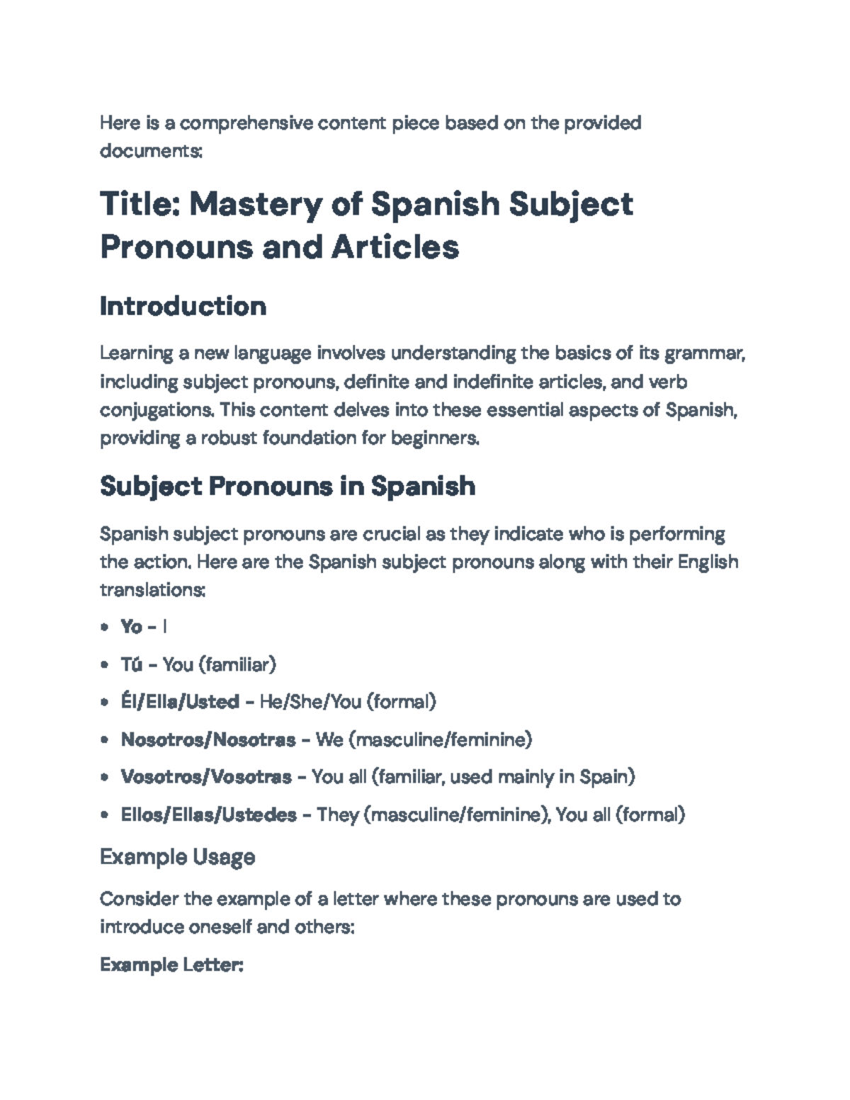Spanish Grammar Basics: Subject Pronouns, Articles, & Verbs - Here is a ...