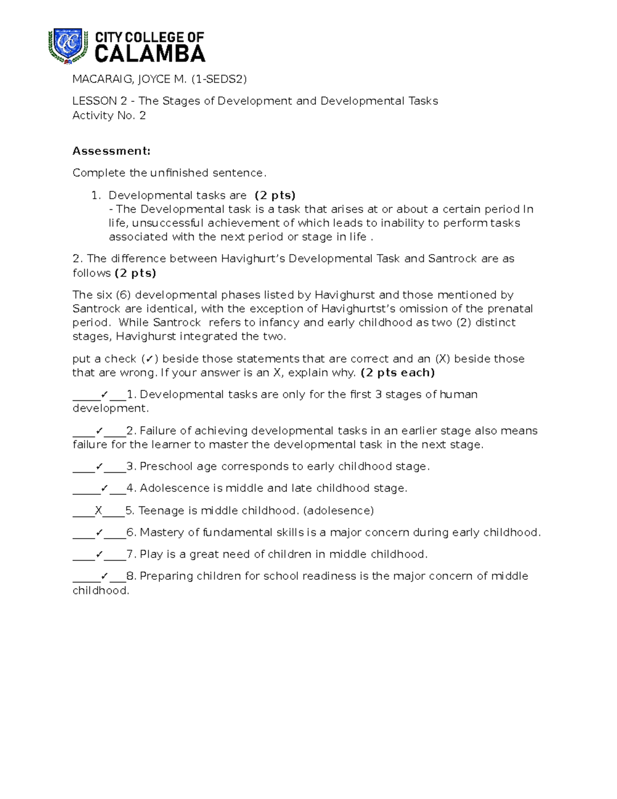 SED2 - Lesson 2: Stages of Development & Developmental Tasks Activity 2 ...