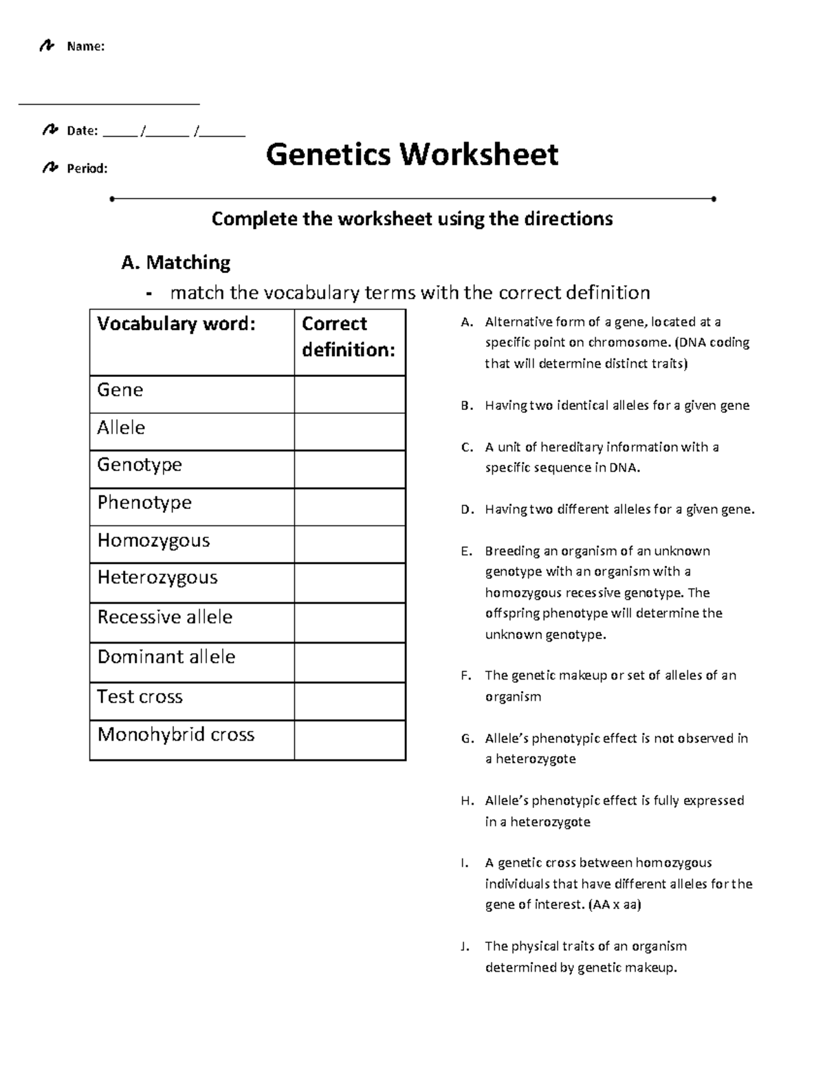 Genetics Worksheet: Vocabulary & Punnett Squares Overview - Studocu