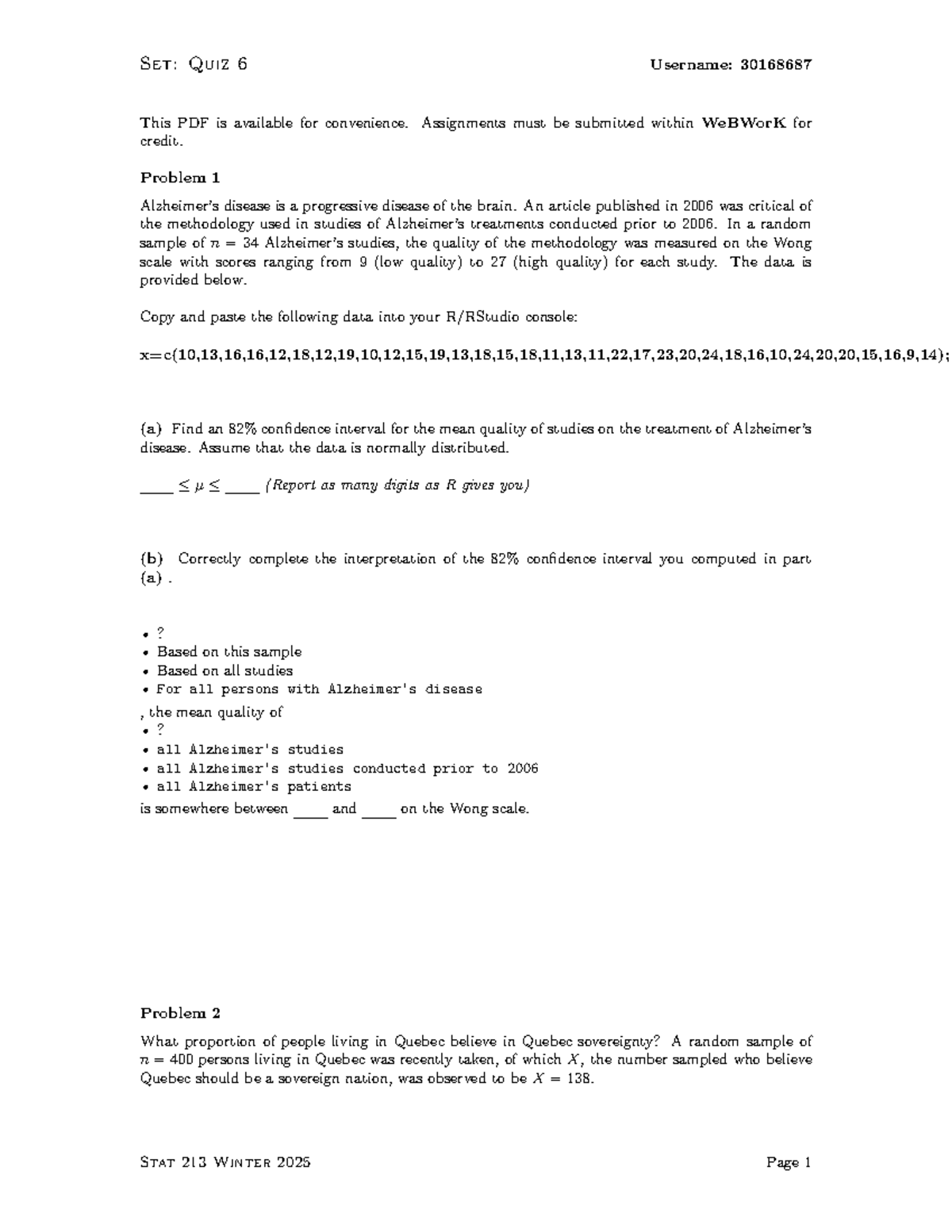 W2025STAT213 - Quiz 6: Confidence Intervals & Proportions Analysis ...