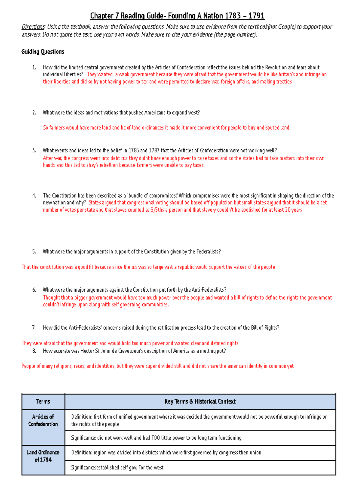 Ch. 7 Reading Guide: Founding A Nation (1783-1791) Analysis - Studocu