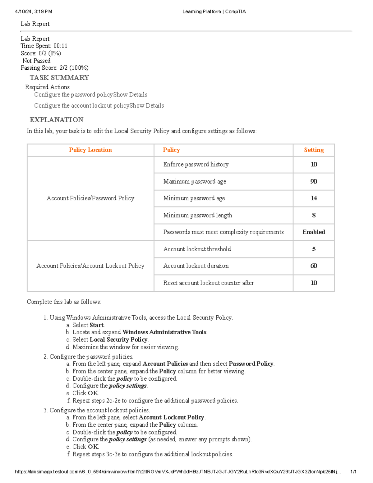 CompTIA Lab Report: Configuring Account Password Policies 13.3.5 - Studocu