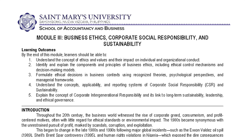 MODULE 3: BUSINESS ETHICS, CSR, AND SUSTAINABILITY Overview - Studocu