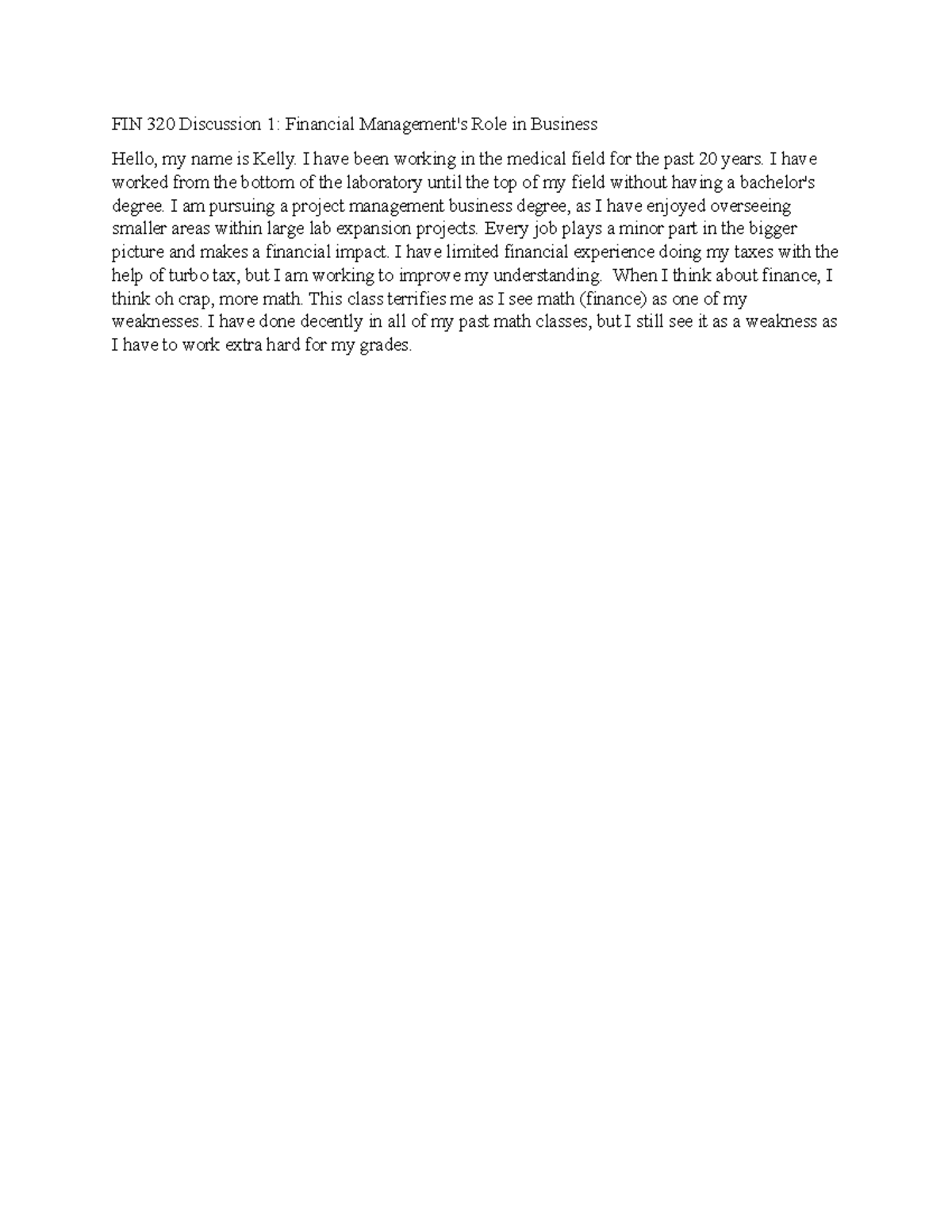 FIN 320 Week 1 Discussion 1 - FIN 320 Discussion 1: Financial ...