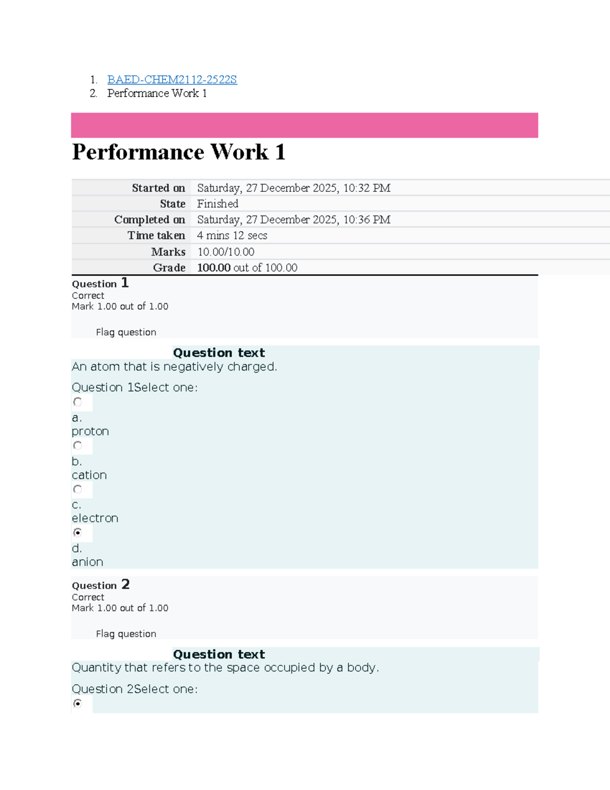CHME 1.2 Performance Work 1: Atom and Matter Concepts - Studocu