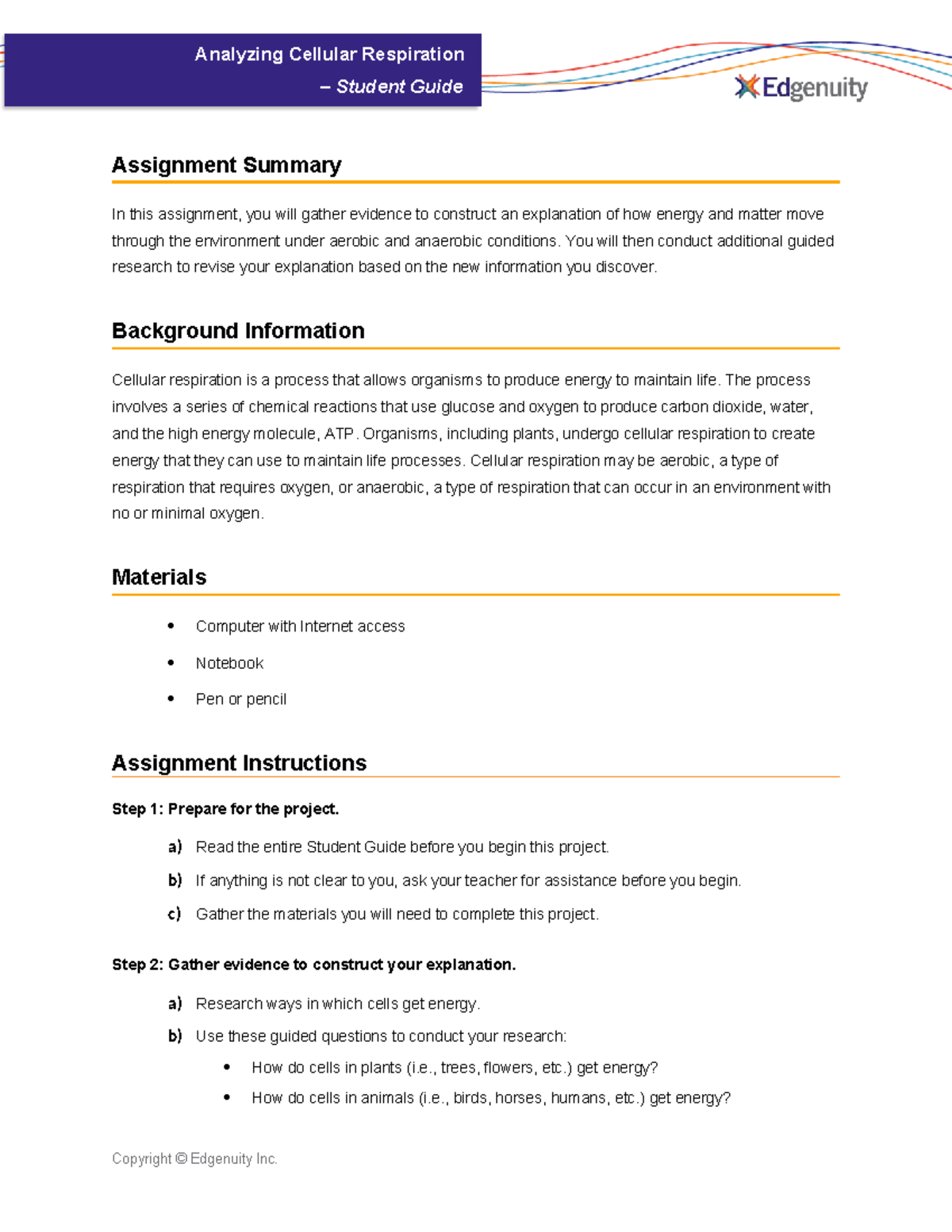 Analyzing Cellular Respiration: Student Guide Assignment Summary - Studocu