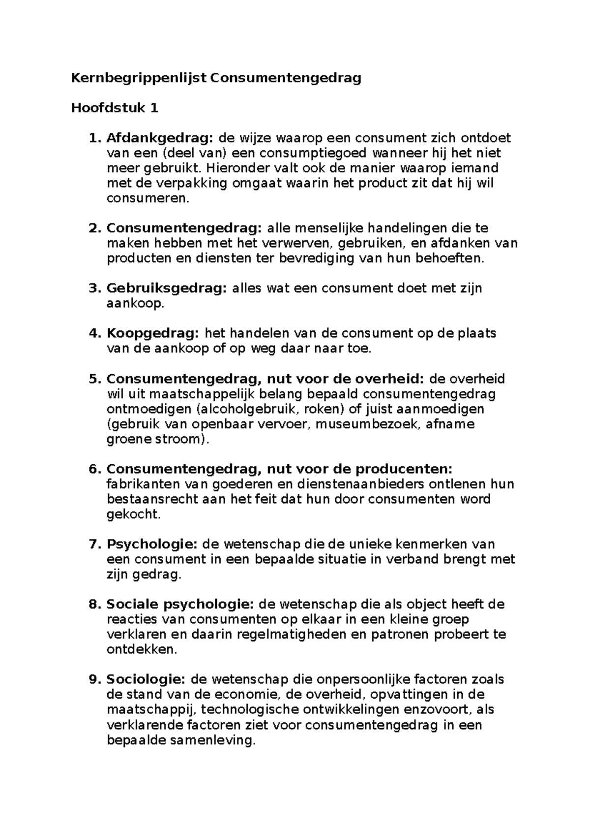 Kernbegrippenlijst Consumentengedrag: Hoofdstukken 1-9 Overzicht - Studeersnel