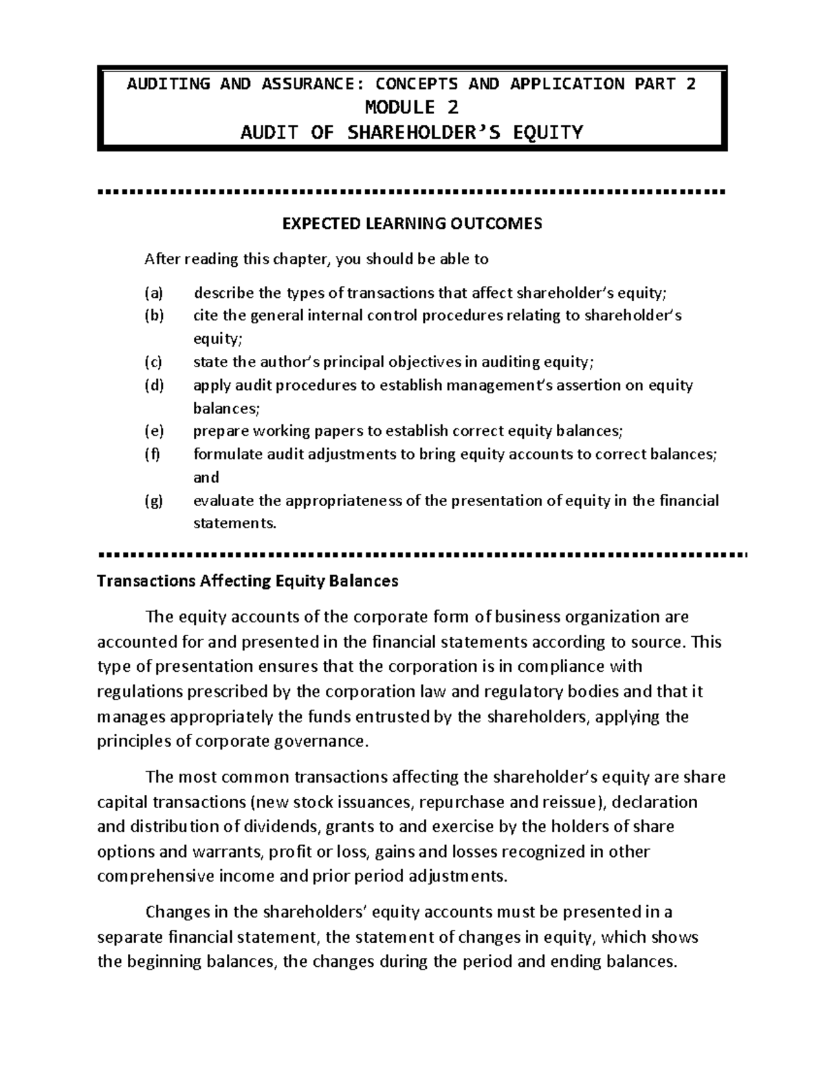 AUDITING AND ASSURANCE: MODULE 2 - EQUITY AUDIT OUTCOMES - Studocu