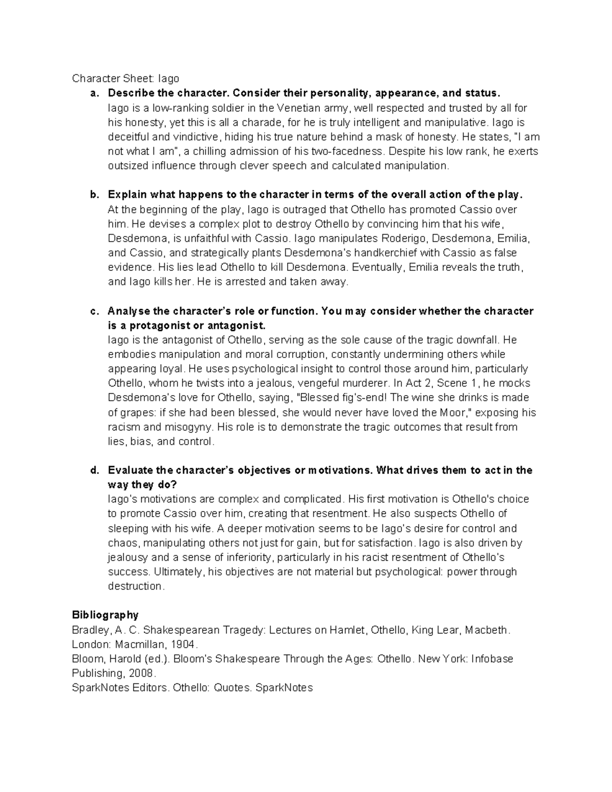 Iago Character Analysis Sheet - Othello (ENG 201) - Studocu