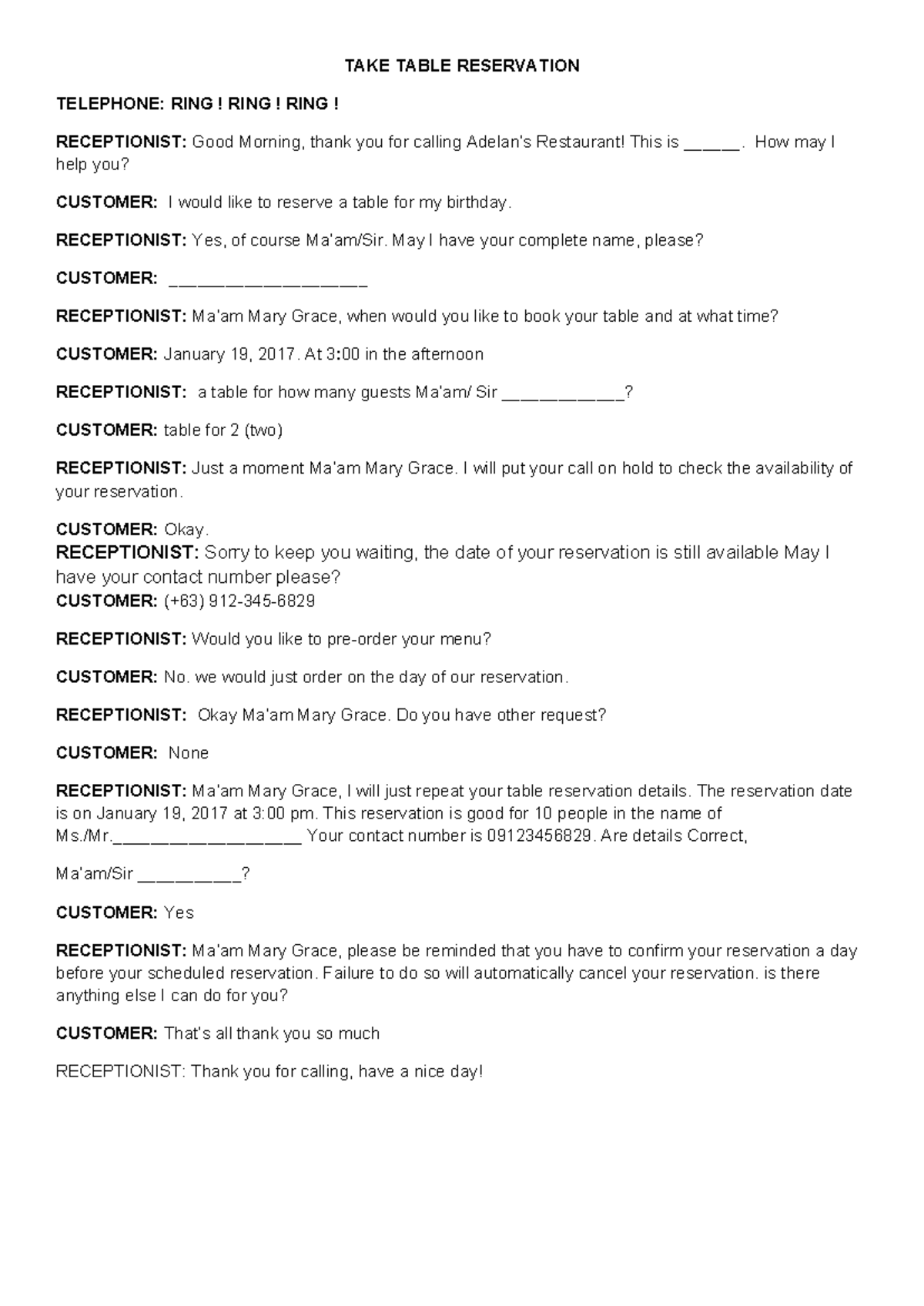 FINE- Dining- Script - lecture - TAKE TABLE RESERVATION TELEPHONE: RING ...