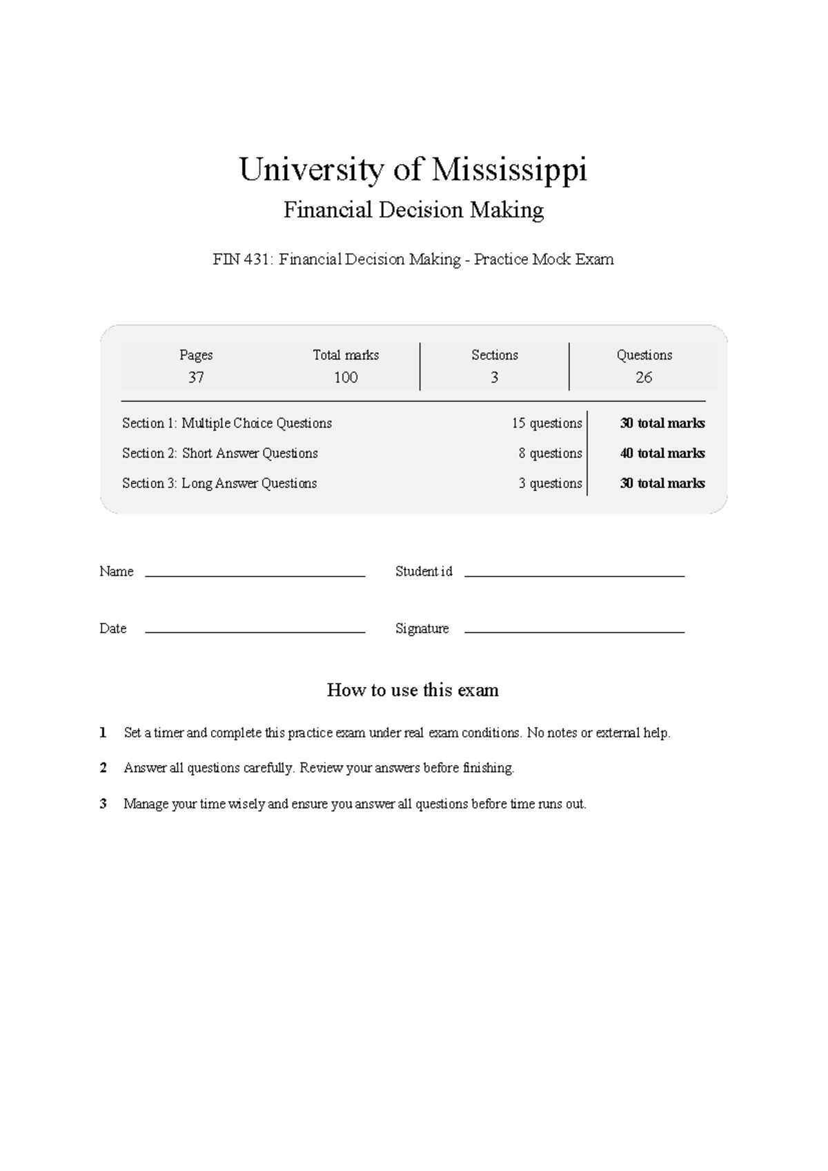 FIN 431: Financial Decision Making Practice Mock Exam 2026 - Studocu