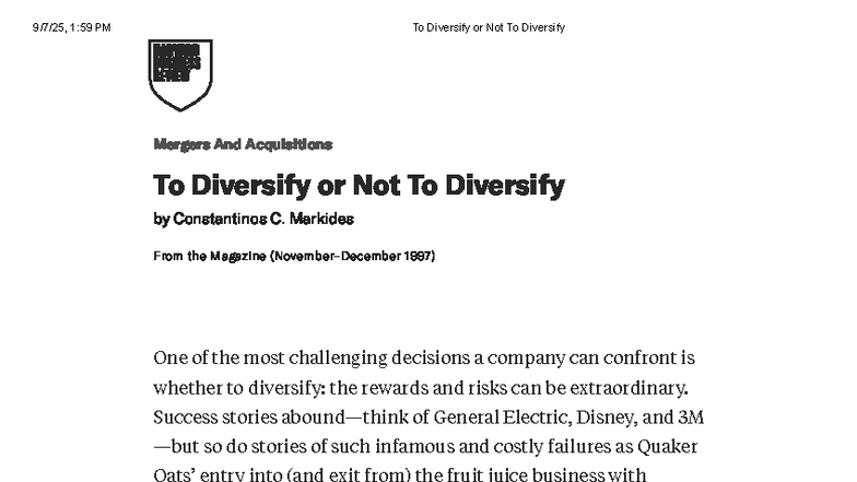 Mergers & Acquisitions: To Diversify or Not? - Constantinos C. Markides ...