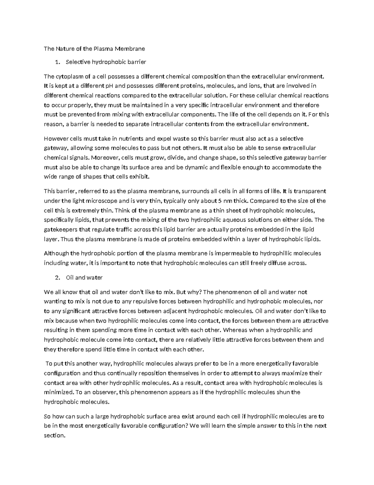 Biol 2P03 lecture notes: The nature and function of the plasma membrane ...